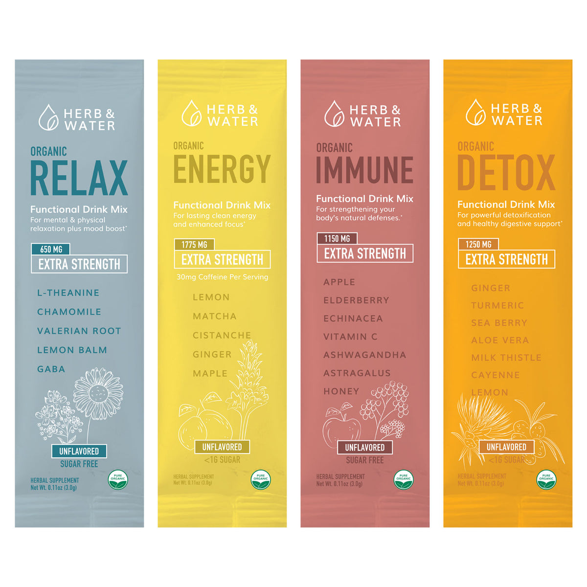 Sample Pack – Relax, Energy, Detox, Immune (4ct) – Herb and Water